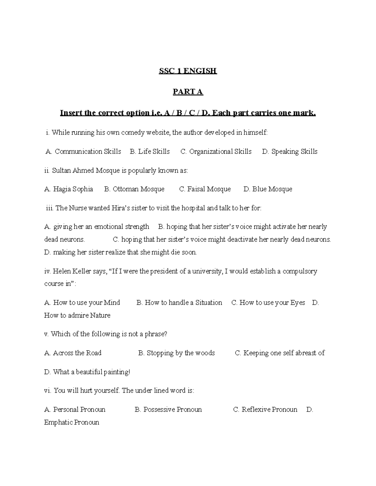 SSC 1 English Final Exam - Multiple Choice Questions & Writing Tasks ...