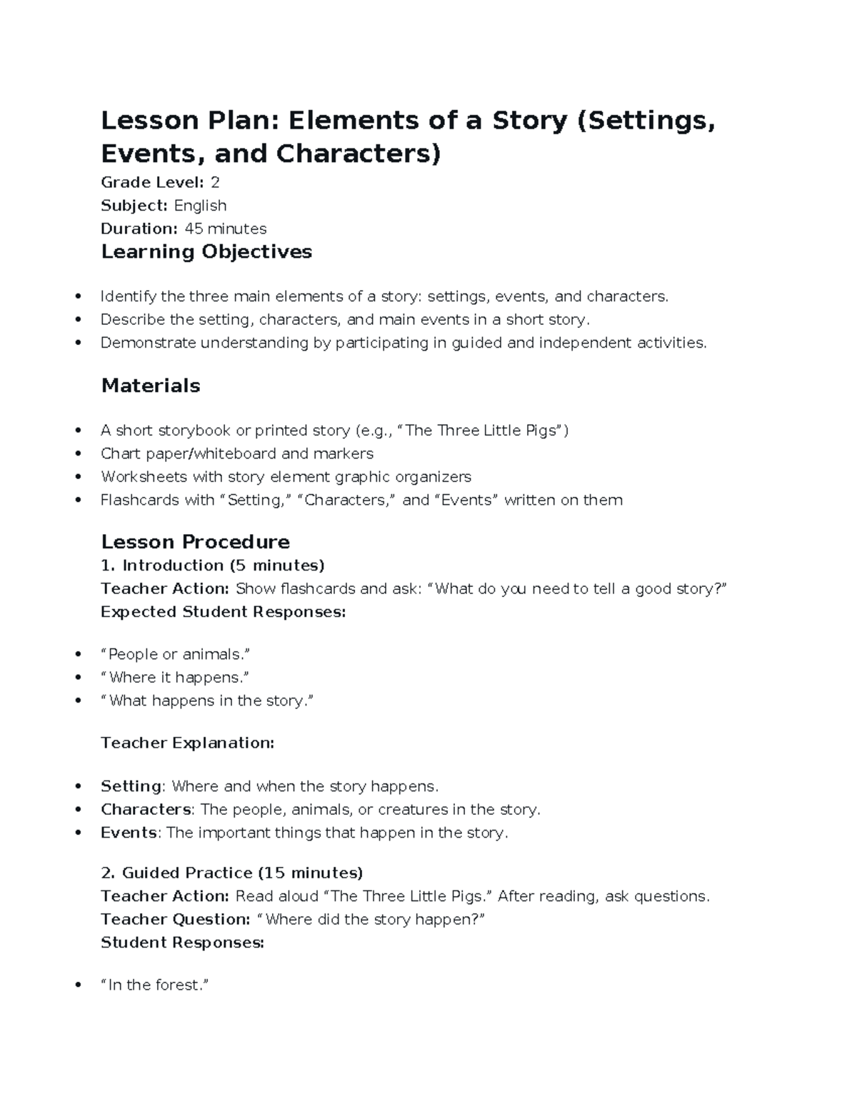 Lesson Plan: Elements of a Story for Grade 2 - English Class - Studocu