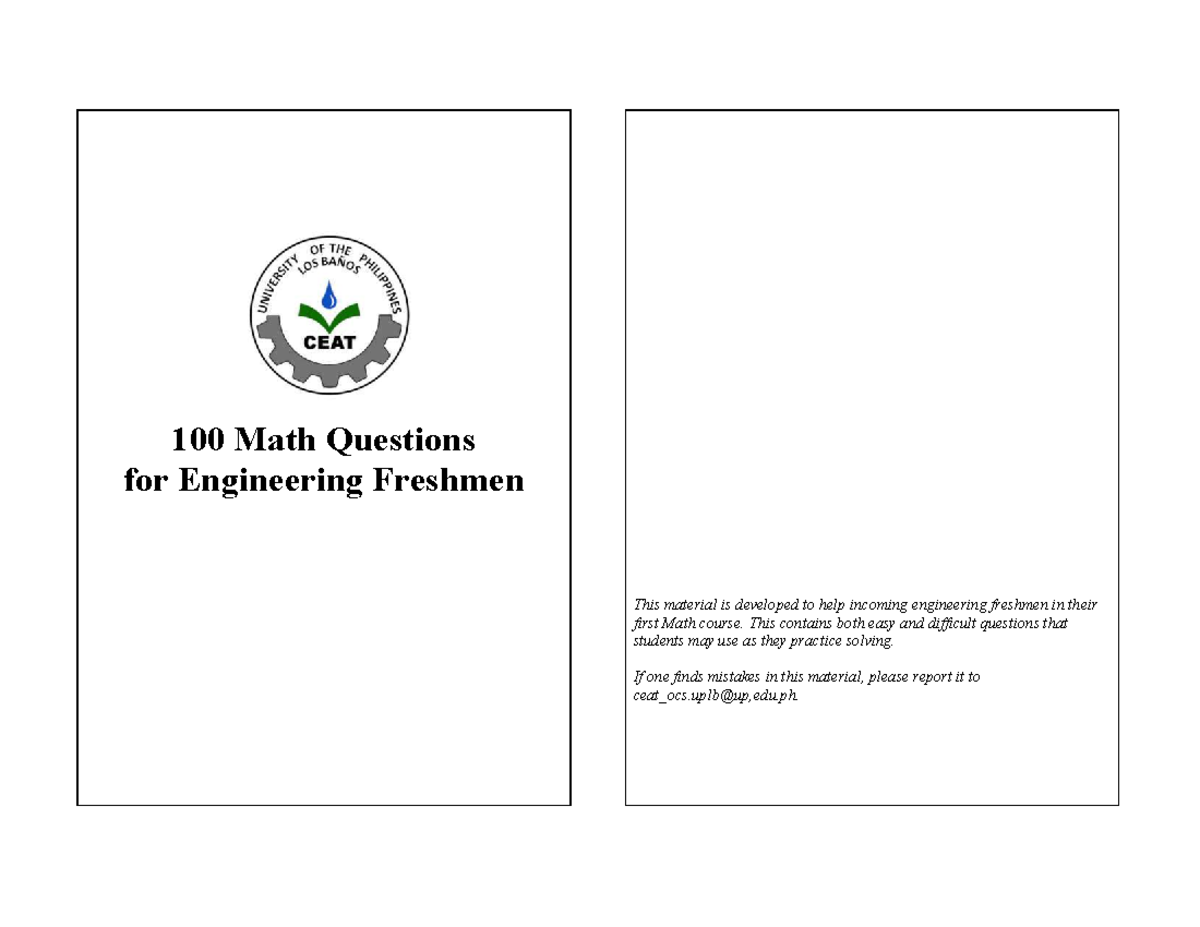 Math 27: 100 Practice Questions for Engineering Freshmen - Studocu