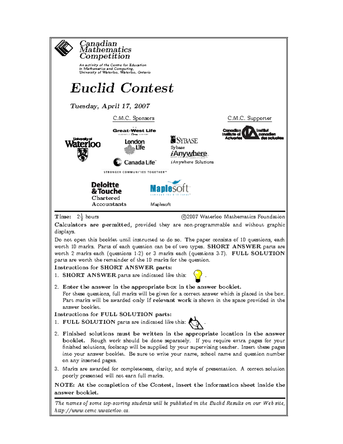 2007 C.M.C. Euclid Contest Practice Questions and Solutions - Studocu