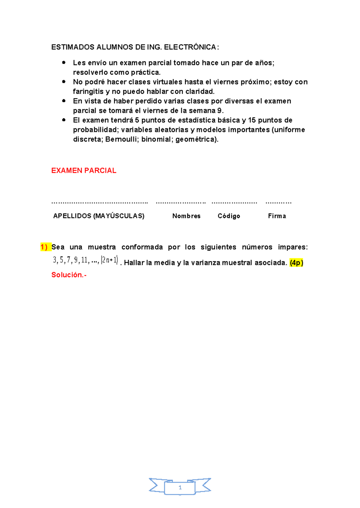 Examen Parcial de Estadística Básica y Variables Aleatorias - ING ...