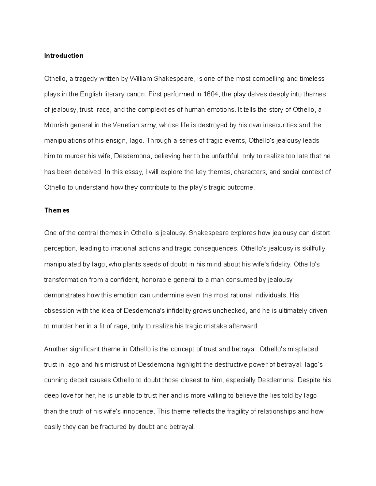 Othello Tragedy - Introduction Othello, a tragedy written by William ...