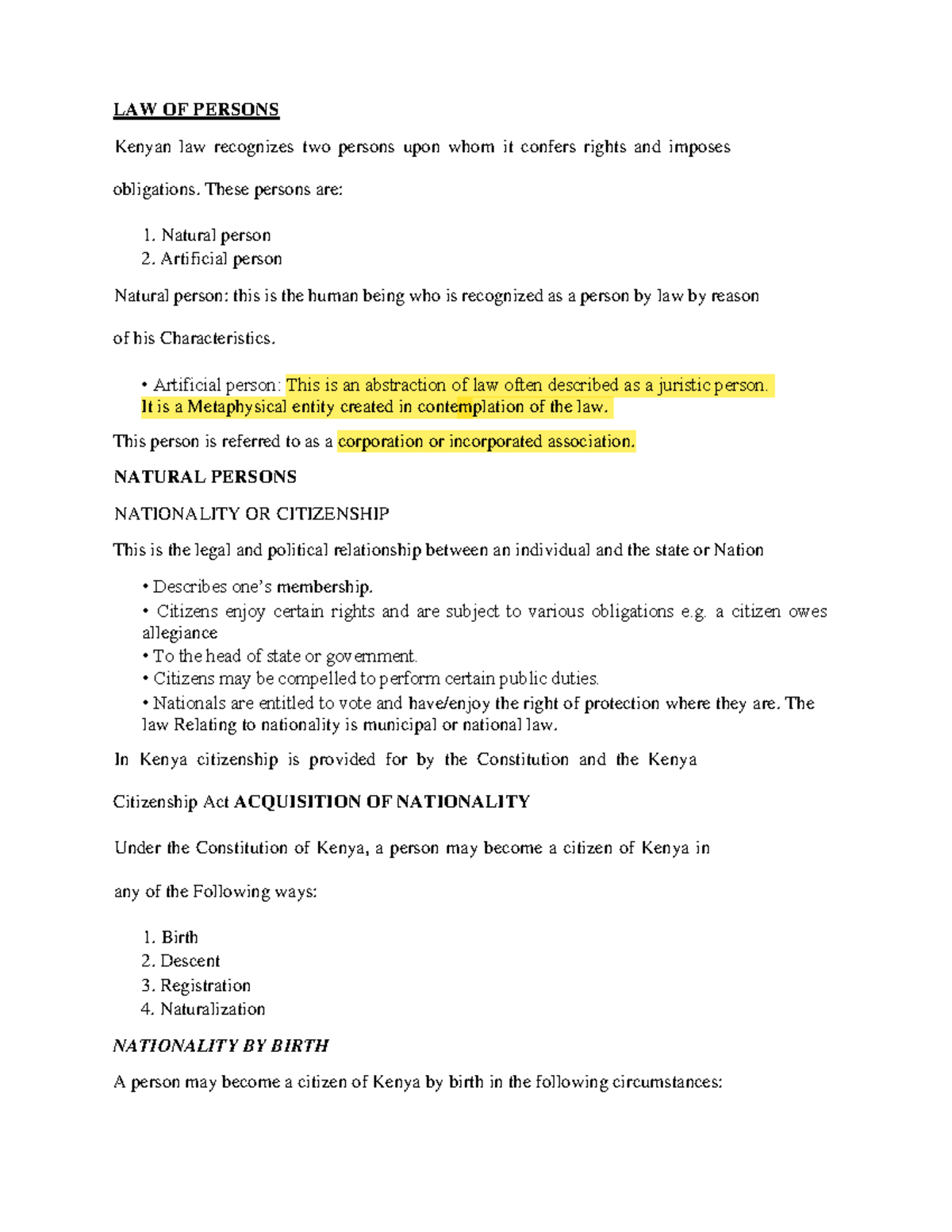LAW OF PERSONS: Natural and Artificial Persons in Kenyan Law - Studocu