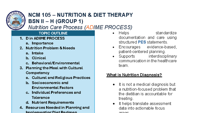 NCM 105 Nutrition Diet Therapy BSN II H - ADIME Process Overview - Studocu
