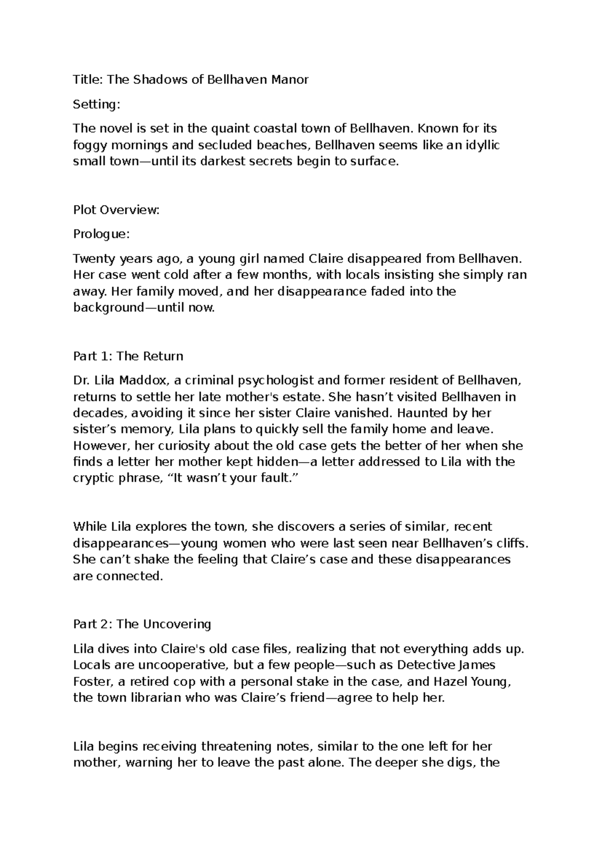 Title: English Essays: Unraveling the Mystery of Bellhaven Manor - Studocu