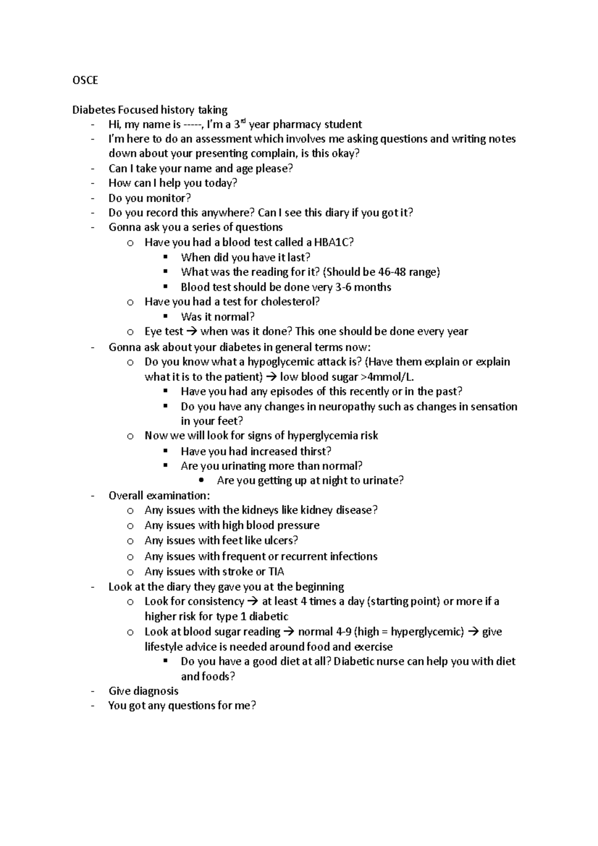 OSCE Diabetes-Focused History Taking Guide for Pharmacy Students - Studocu