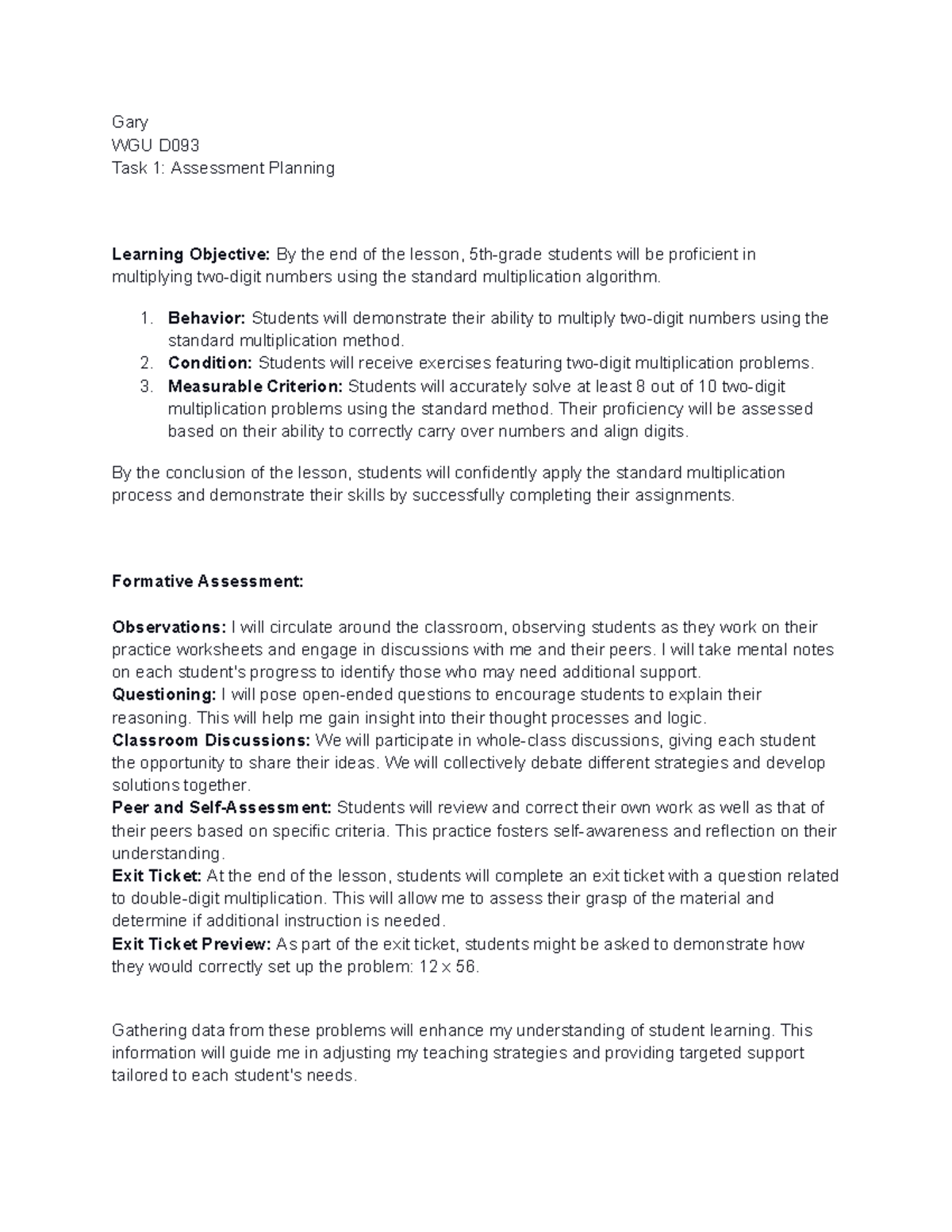Gary Task 1 Assessment Planning - Gary WGU D Task 1: Assessment ...