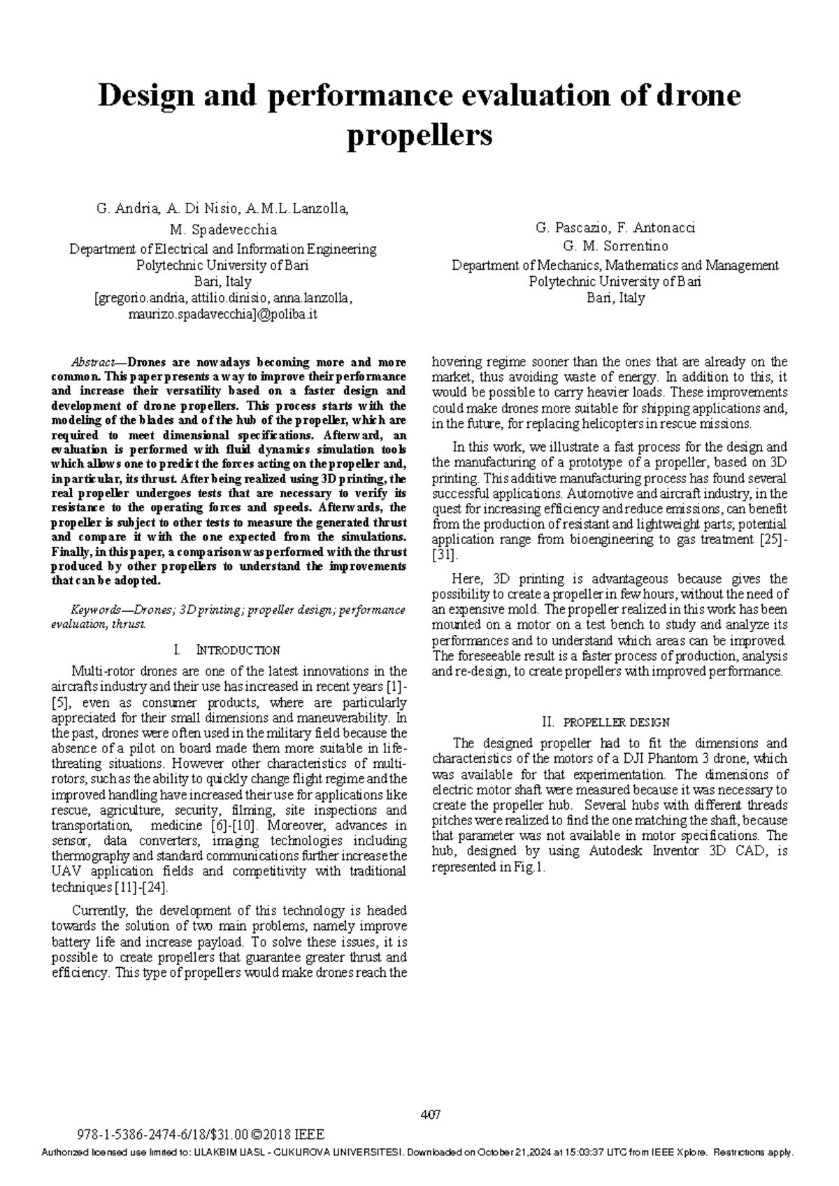 Design and Performance Evaluation of Drone Propellers - 978-1-5386-2474 ...