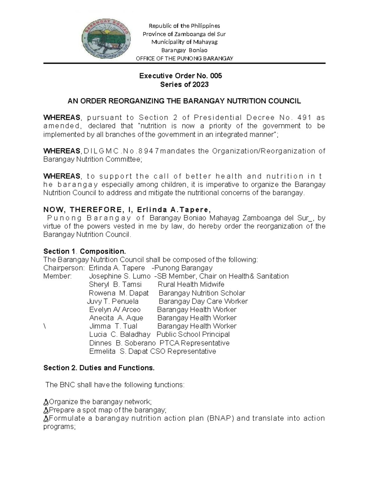 Reorganization of the Barangay Nutrition Council EO No. 005, 2023 - Studocu