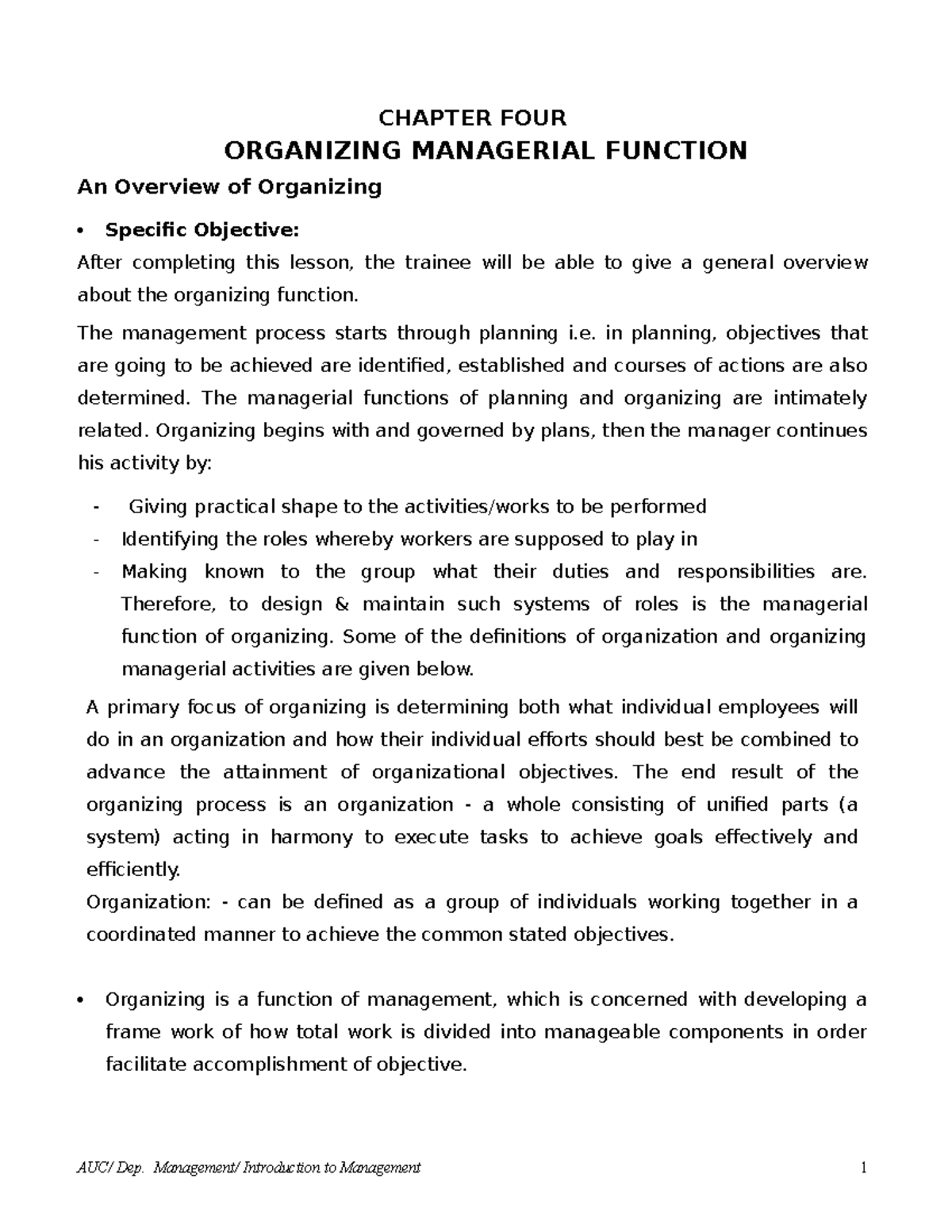 Chapter FOUR - intro to management - CHAPTER FOUR ORGANIZING MANAGERIAL ...