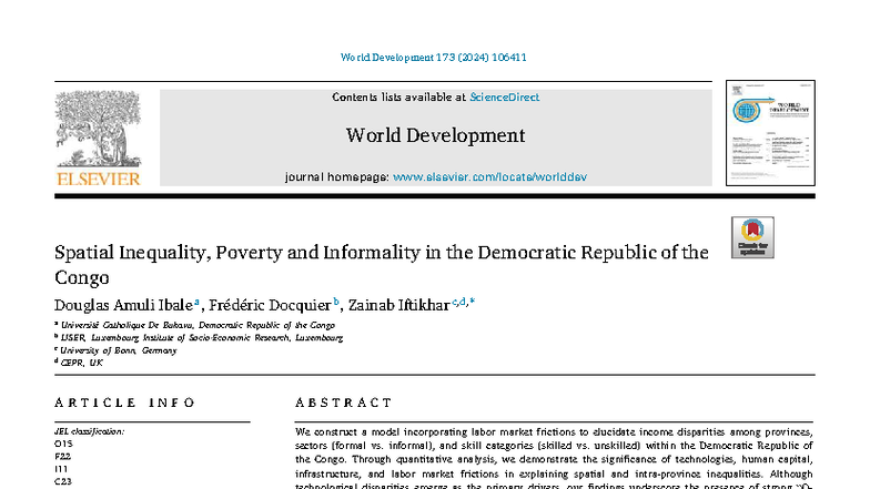 World Development 173: Spatial Inequality and Informality in DRC (2024 ...