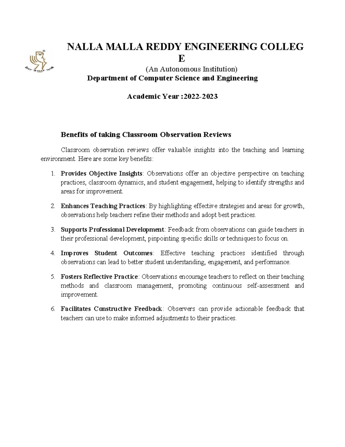 Benfits of taking classroom observation - NALLA MALLA REDDY ENGINEERING ...
