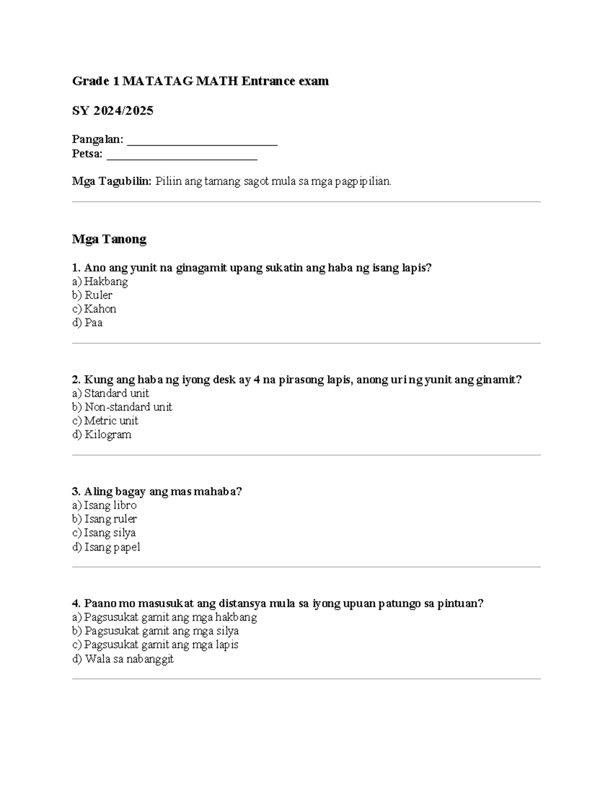 Grade 1 MATATAG MATH Entrance Exam SY 2024 - Sample Test Questions ...