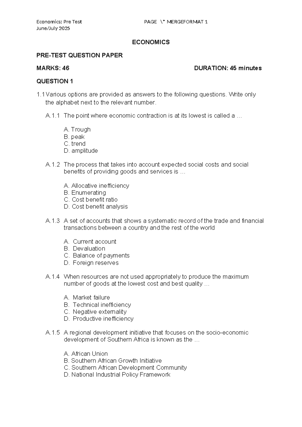 Economics: Pre-Test July 2025 - Questions and Answers - Studocu