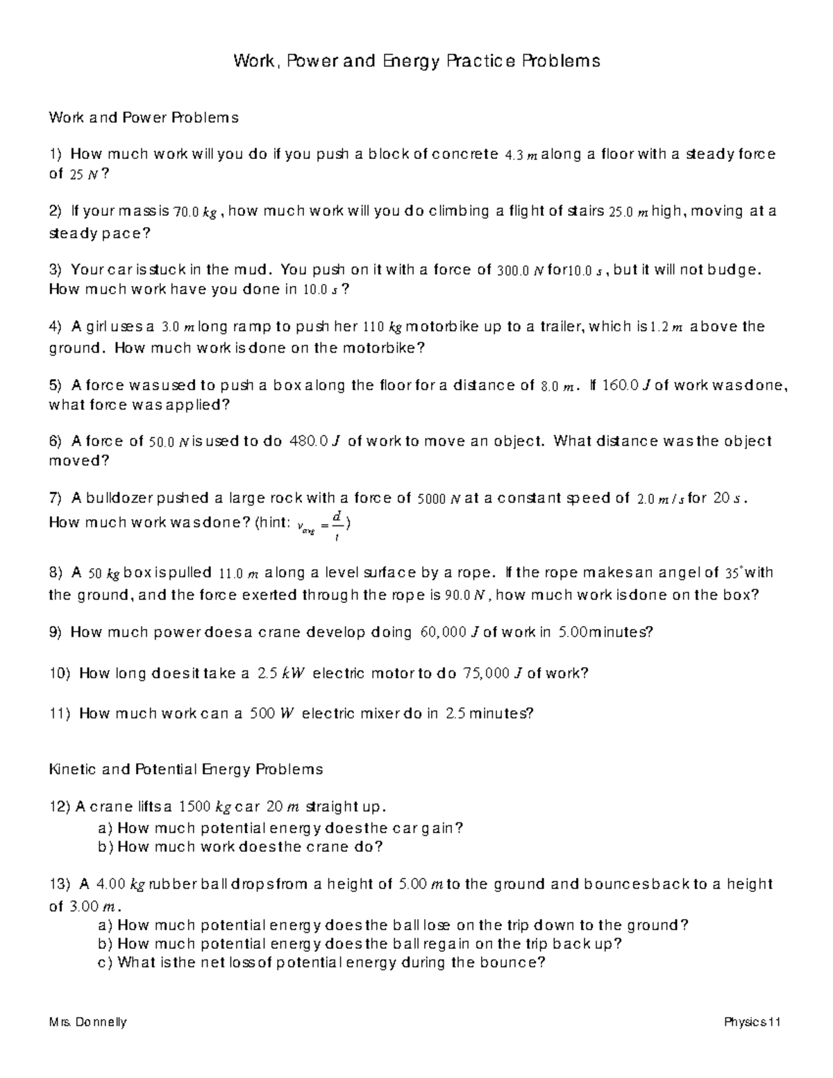 Physics 11: Work, Power, and Energy Practice Problems Worksheet - Studocu