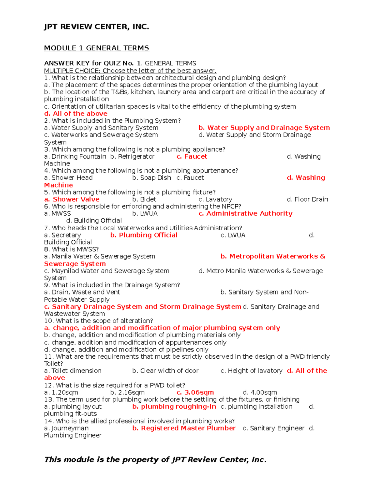 JPT 101: Quiz 1 Answer Key on General Terms in Plumbing - Studocu
