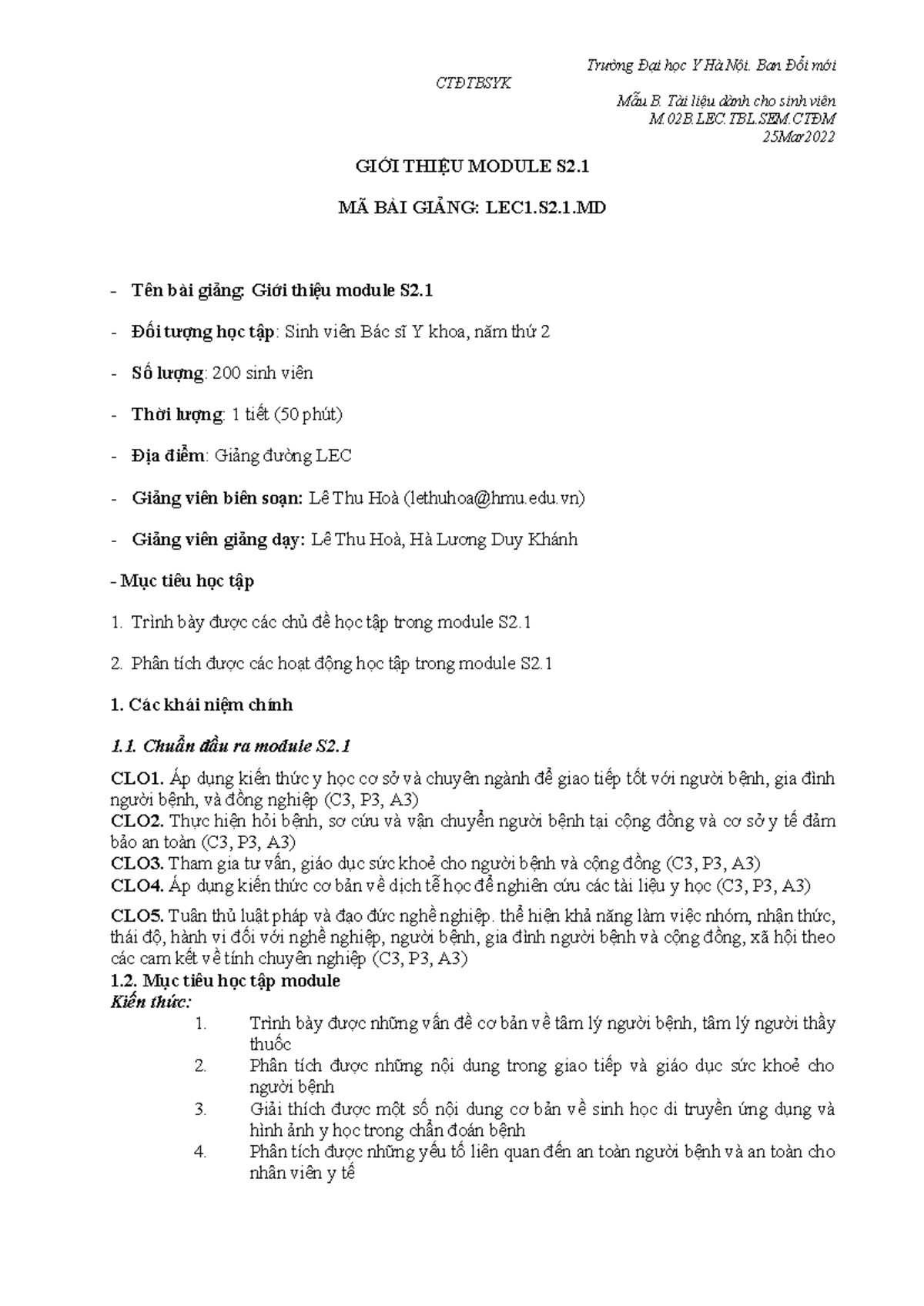 LEC1.S2.1: Giới thiệu Module S2.1 cho Sinh viên Y Khoa - Studocu