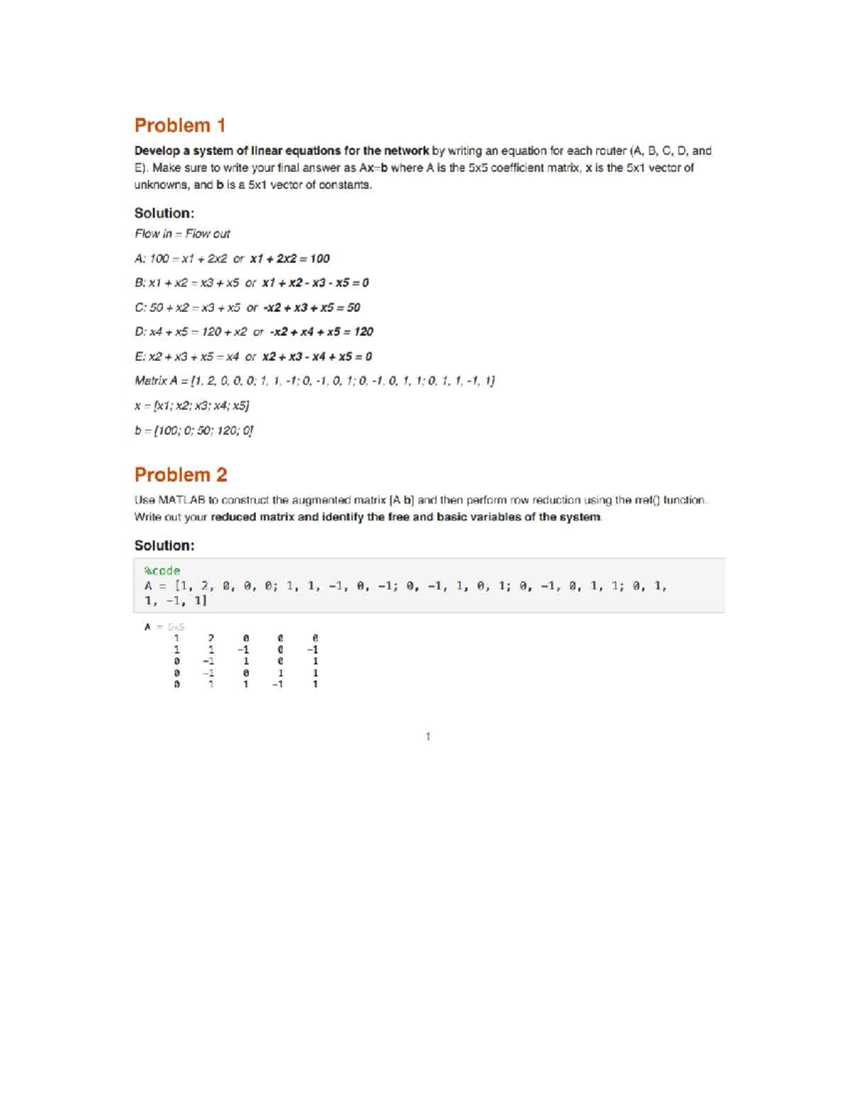 Project One: System of Linear Equations & MATLAB Solutions (Course Code) - Studocu