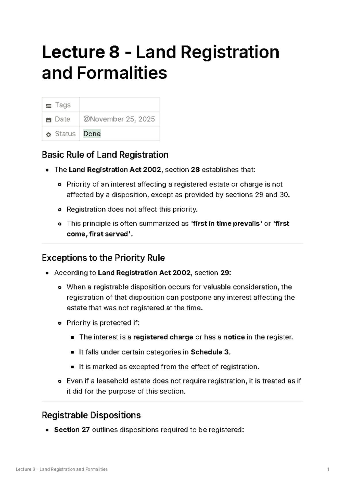 Land Law LEC 8: Land Registration & Formalities Overview - Studocu