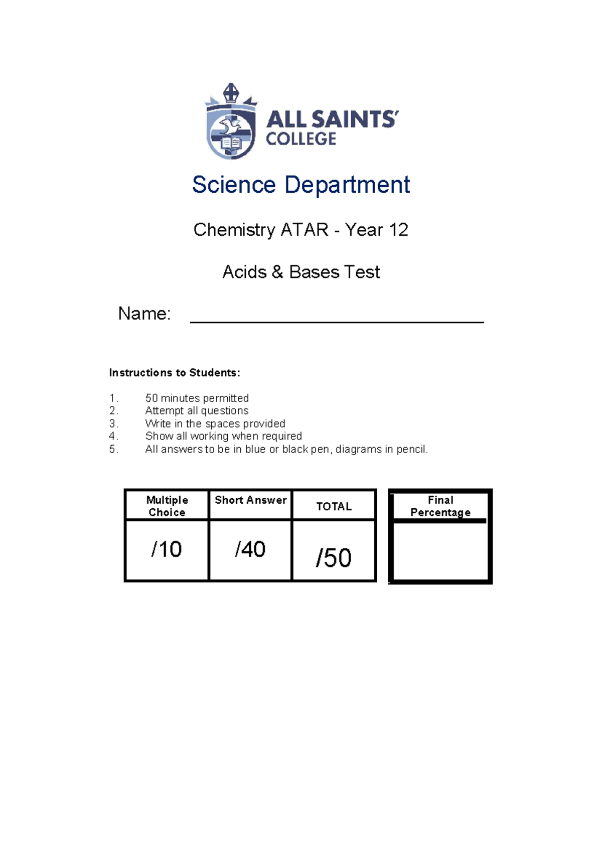 Chemistry ATAR Year 12 Acids & Bases Test Instructions and Questions ...