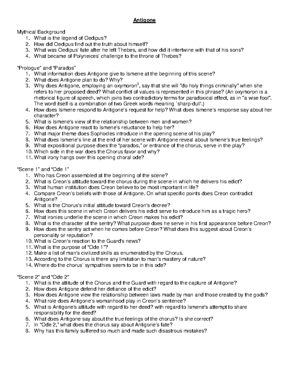 Antigone (ENG 201) Study Questions: Exploring Themes and Characters ...