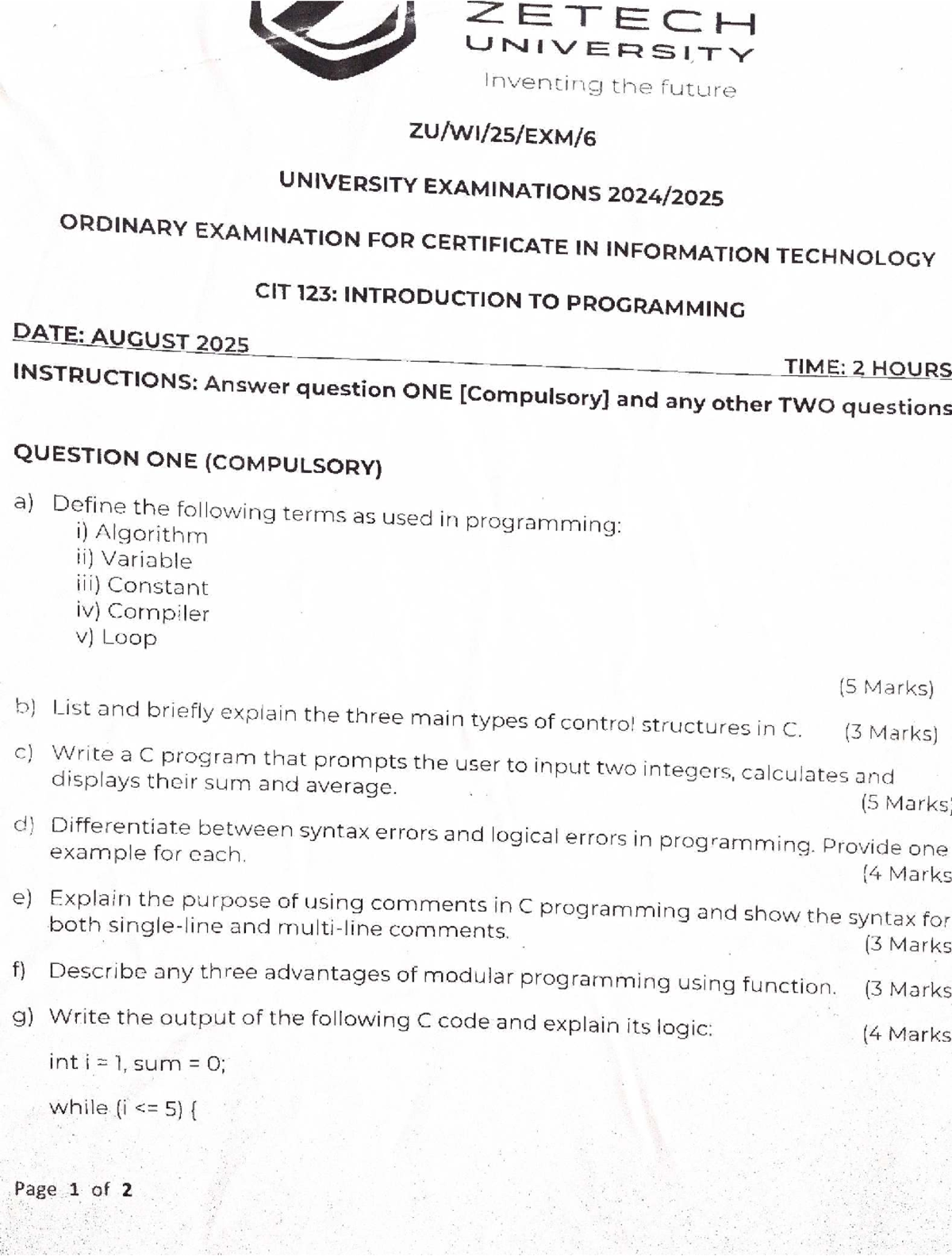 CIT 123: Introduction to Programming - Ordinary Exam Guide - Studocu