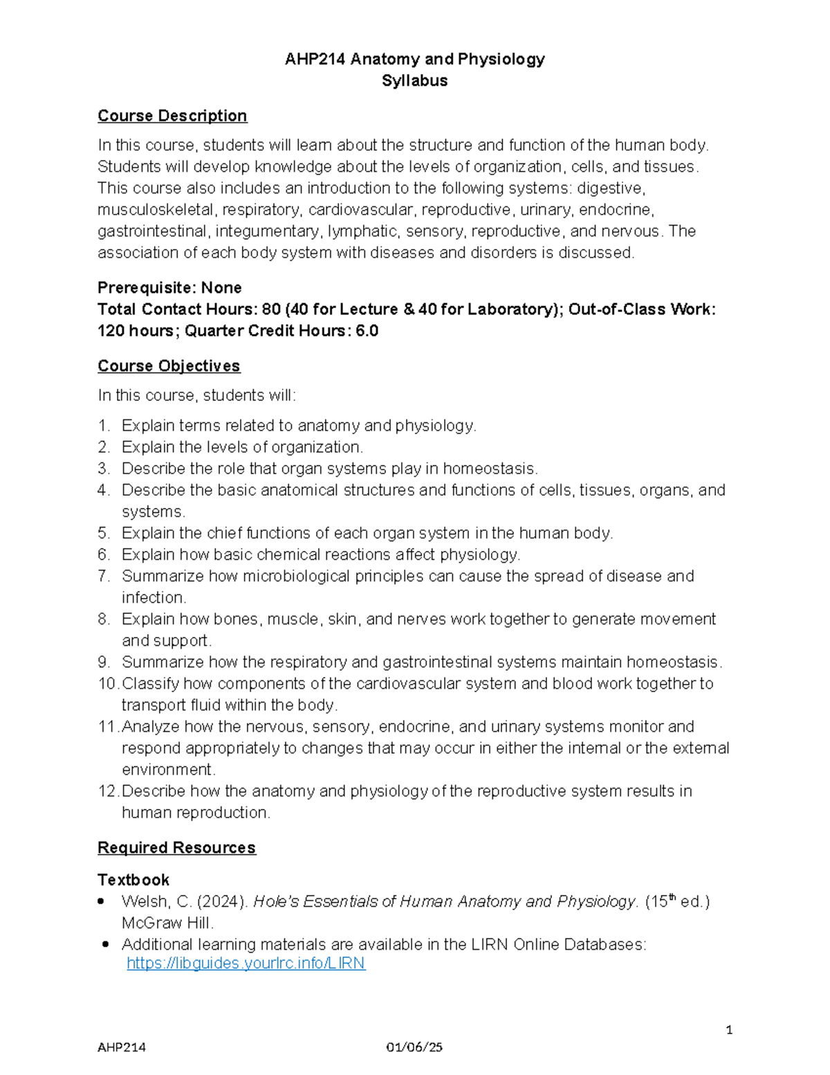 AHP214 Anatomy and Physiology Course Syllabus Overview - Studocu