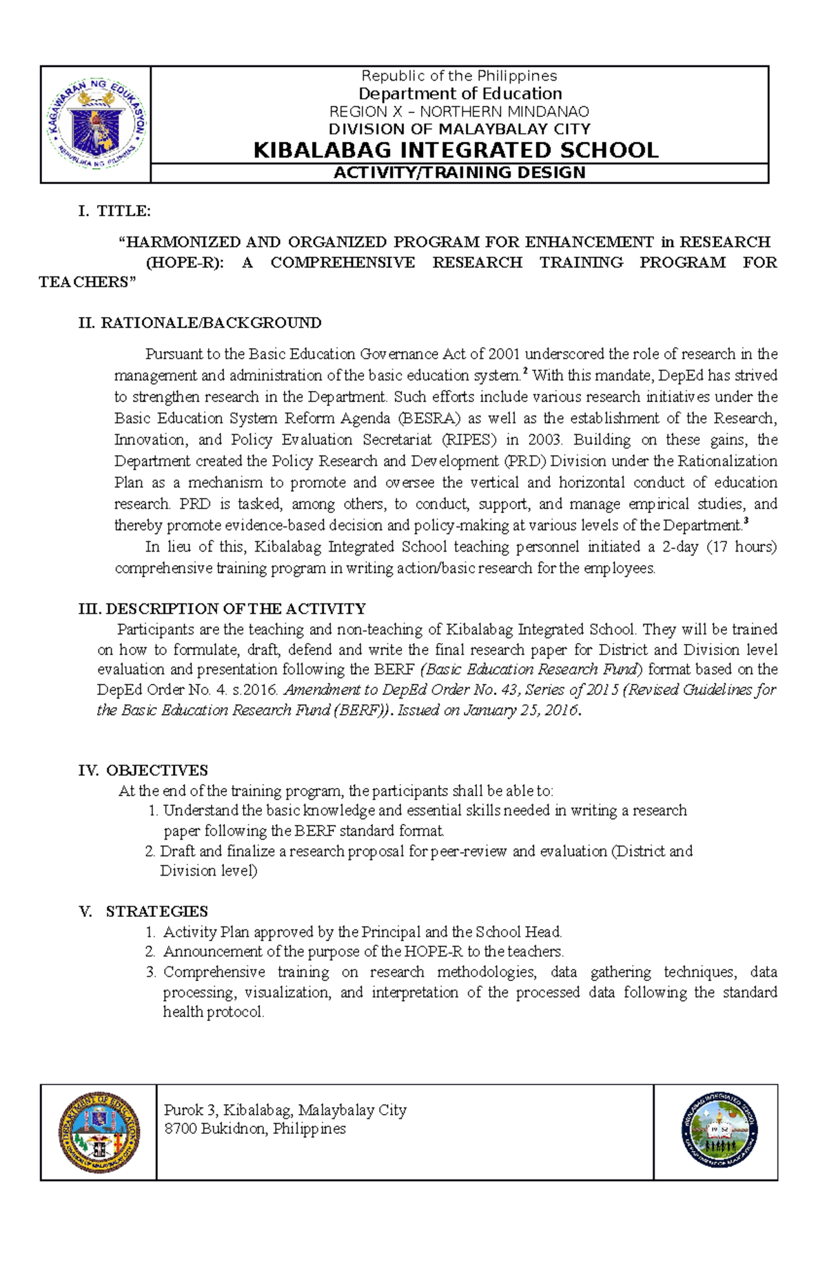 Training-Design - prac - Department of Education REGION X – NORTHERN ...
