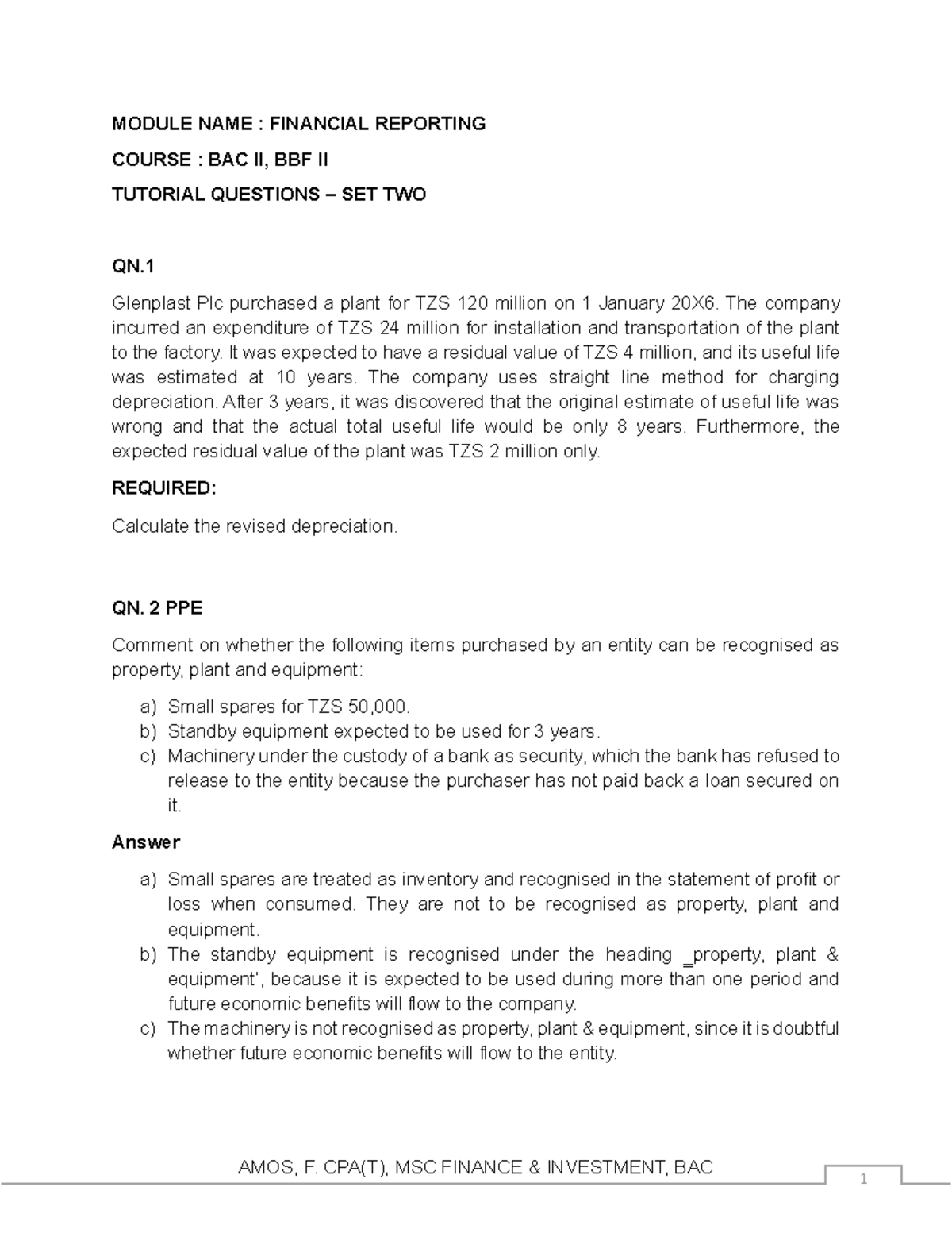 Financial Reporting Tutorial Questions - Set Two (BAC II, BBF II) - Studocu