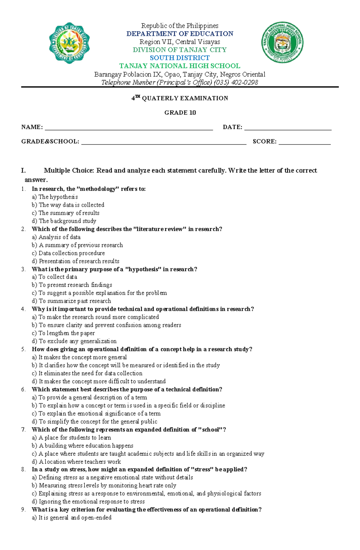 Grade 10 Research Concepts: 4th Quarterly Exam Review - Studocu
