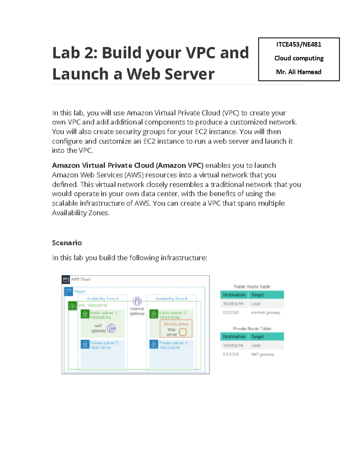 ITCE453-Lab 2: Building a Custom VPC and Web Server on AWS - Studocu