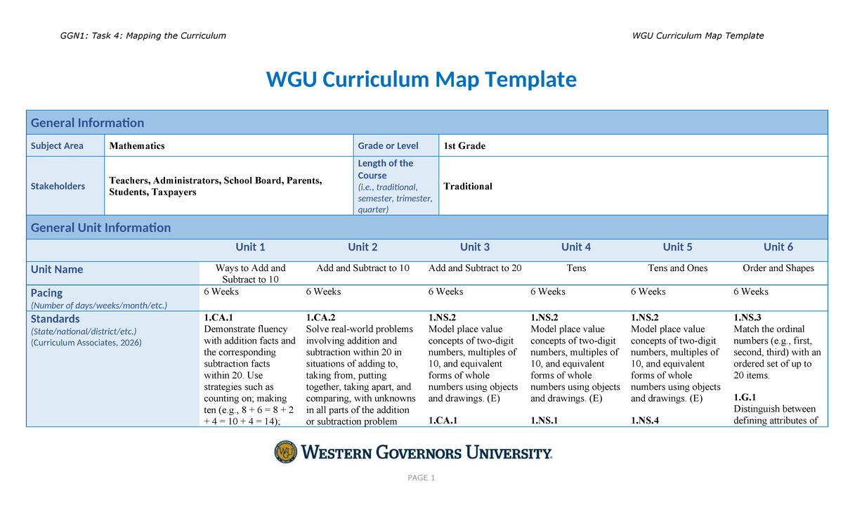 WGU D630: Task 4 - 1st Grade Math Curriculum Mapping - Studocu