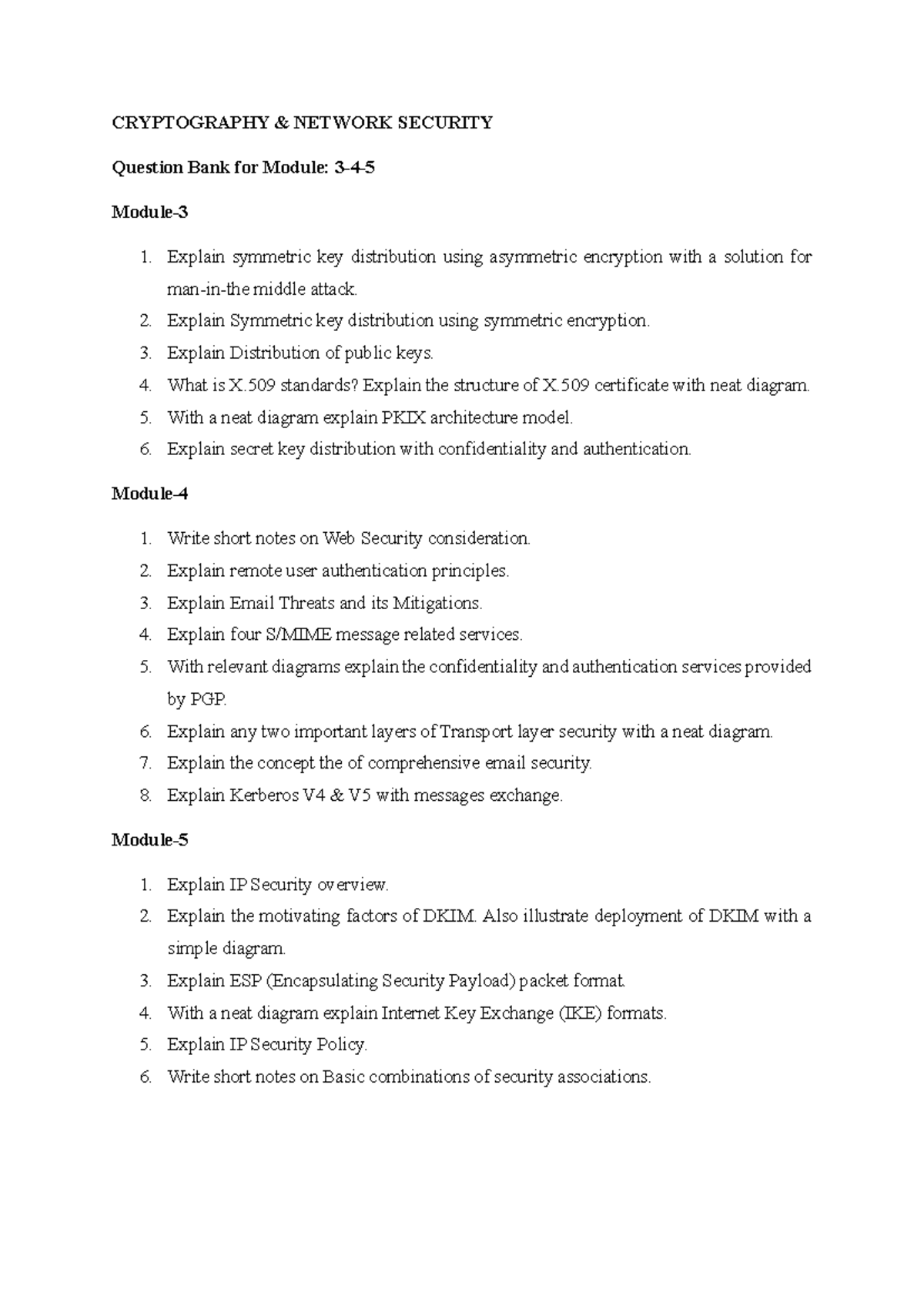 CRYPTOGRAPHY NETWORK SECURITY Question Bank for Modules 3-5 - Studocu