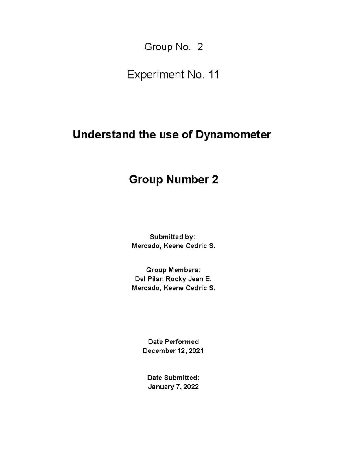 Mercado - ME LAB 1 Understand the use of Dynamometer - Group No. 2 ...