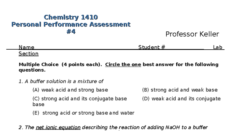 Chemistry 1410 Practice Exam 4: Acids, Bases, and Buffers - Studocu