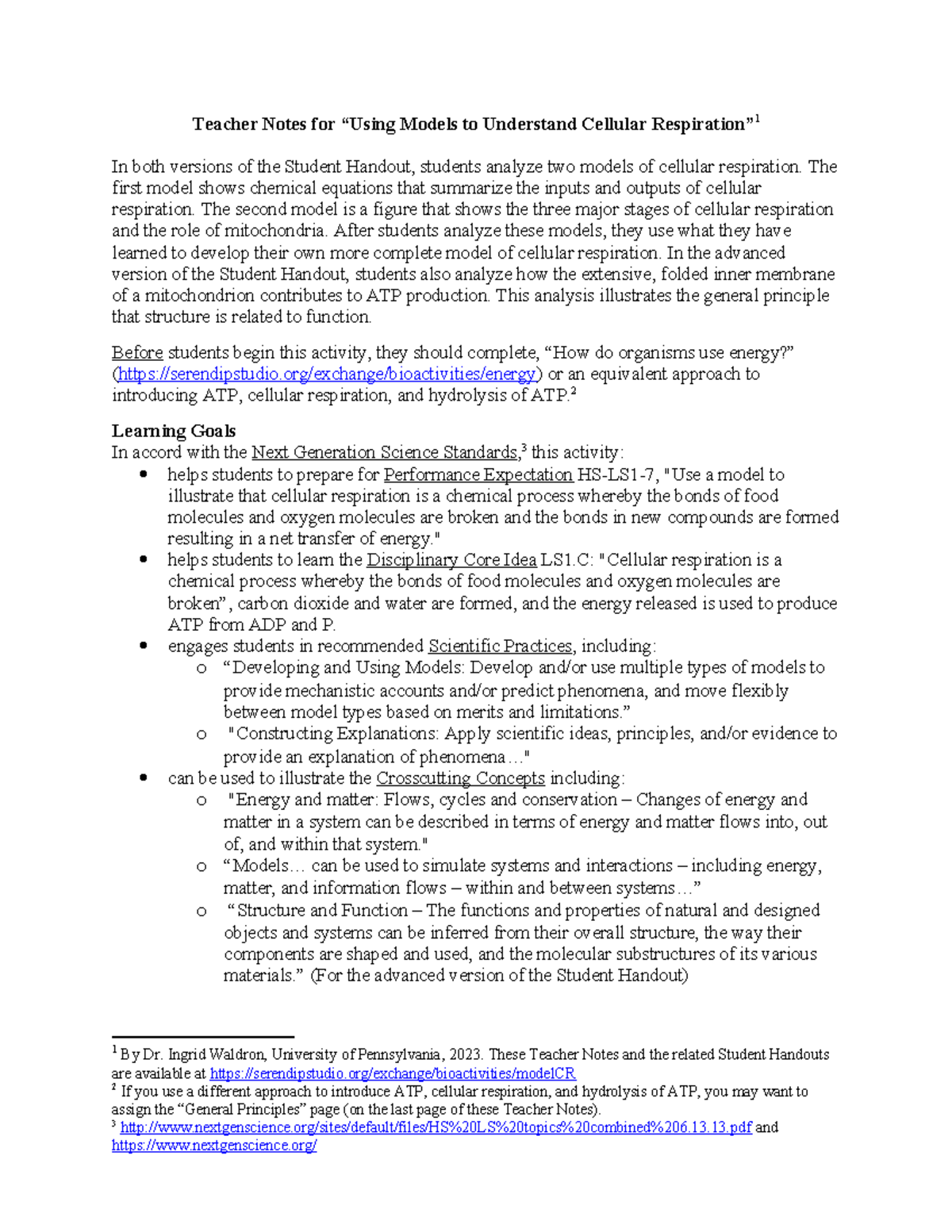 Using Models to Understand Cellular Respiration - Teacher Notes (TN ...