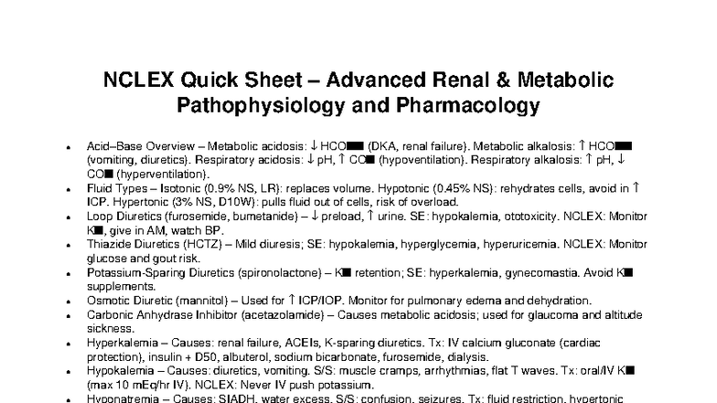 NCLEX Advanced Renal & Metabolic Pathophysiology Quick Sheet - Studocu