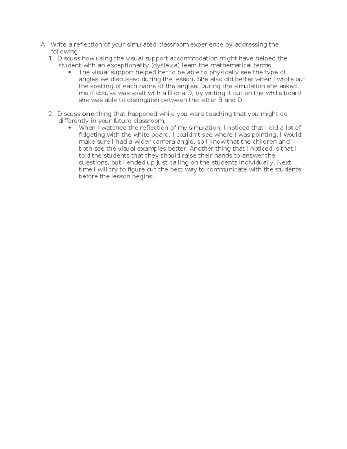 Diverse Learners Reflection Task 2: Simulated Classroom Insights - Studocu