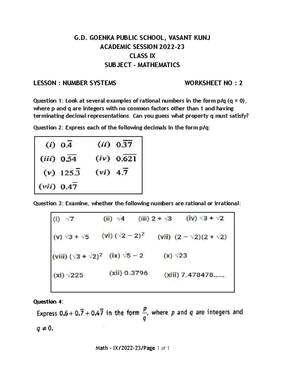 Class 9- Number Systems- Worksheet 2 - G. GOENKA PUBLIC SCHOOL, VASANT ...