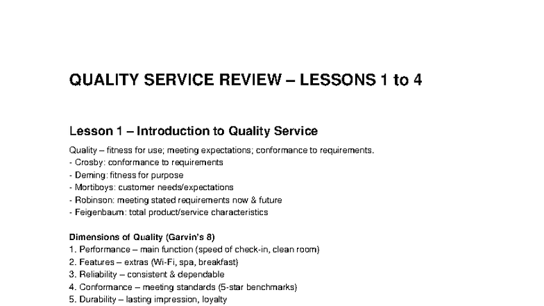 Quality Service Review Lessons 1-4: Insights & Strategies - Studocu