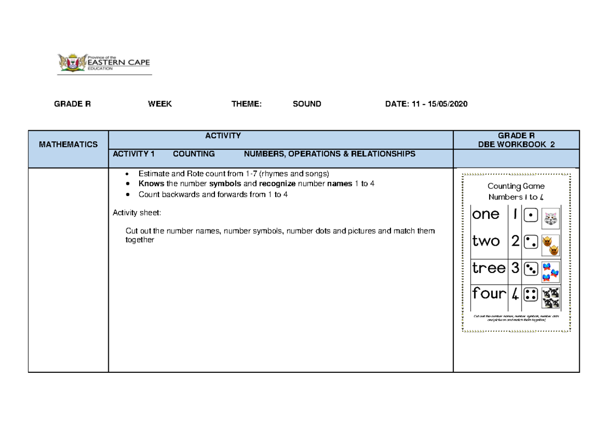 Grade R Activities: Week 6 - Focus on Sound & Mathematics - Studocu