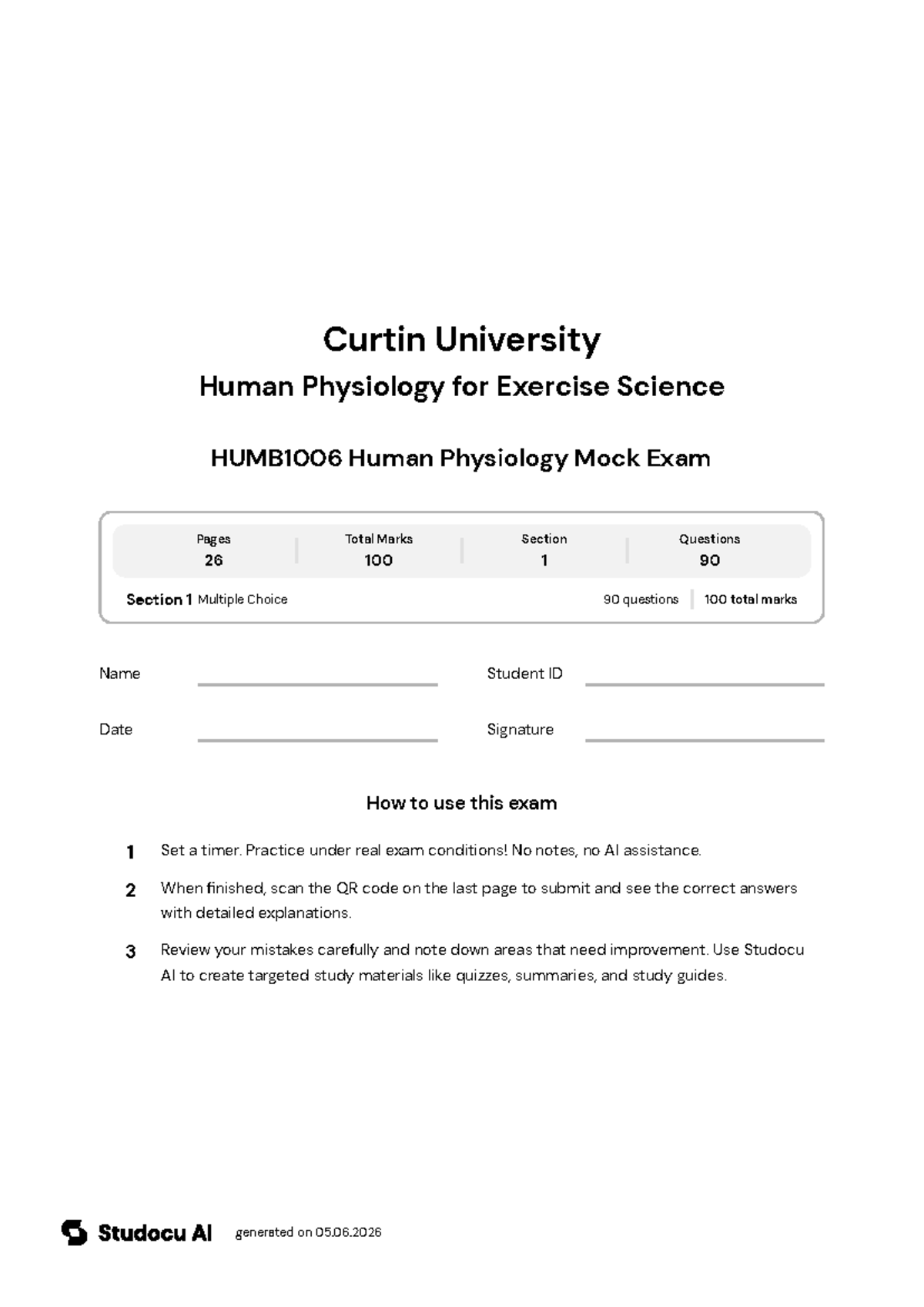 HUMB1006 Human Physiology Mock Exam - Studocu