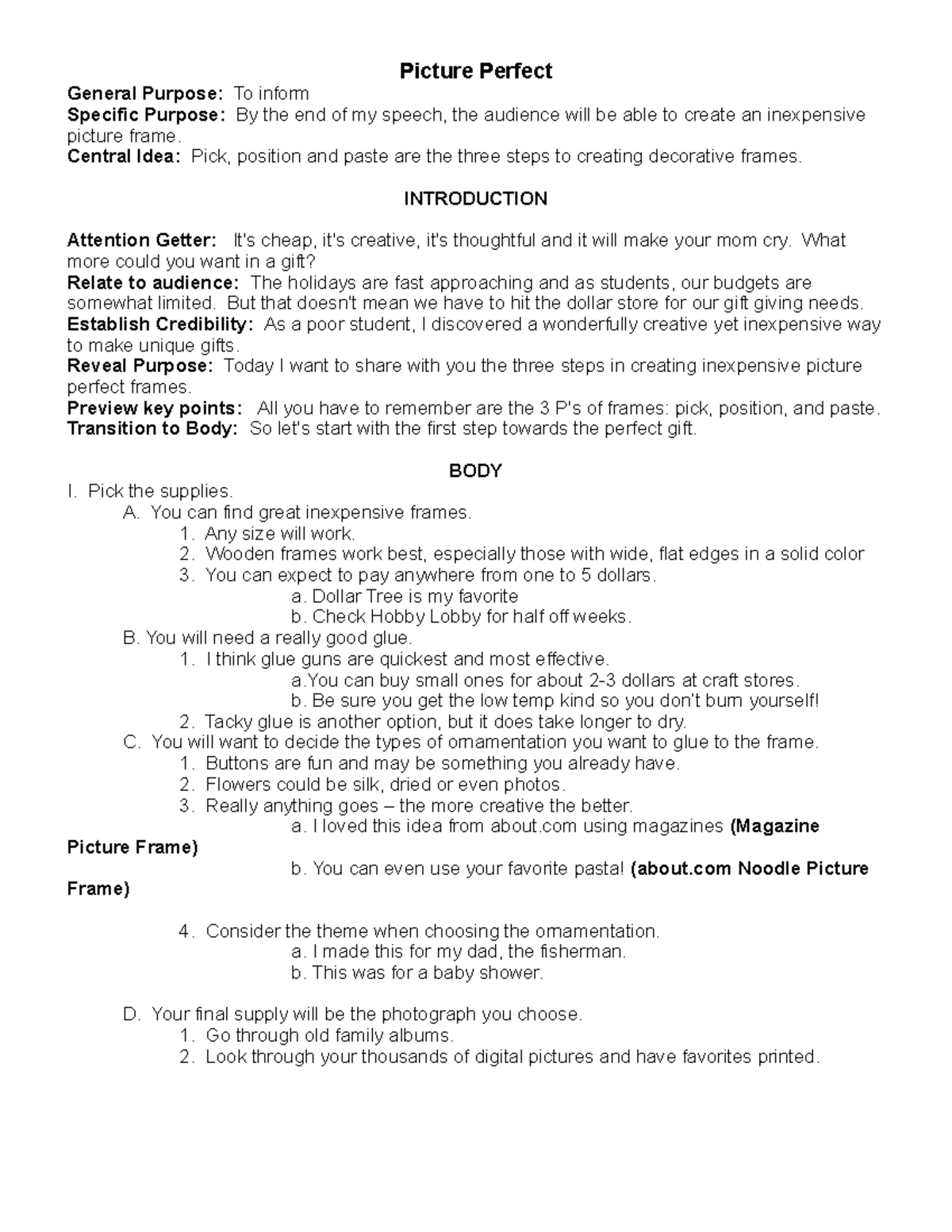 Picture perfect prep outline - Picture Perfect General Purpose: To ...