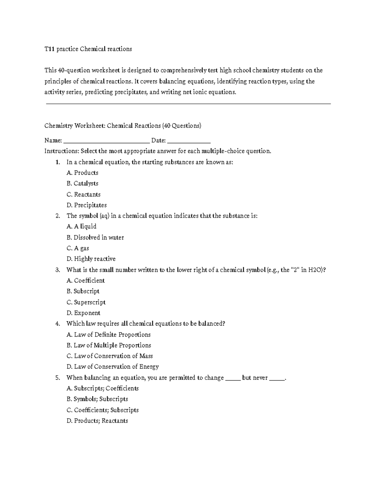 T11 Practice Worksheet: Chemical Reactions for High School Chemistry ...