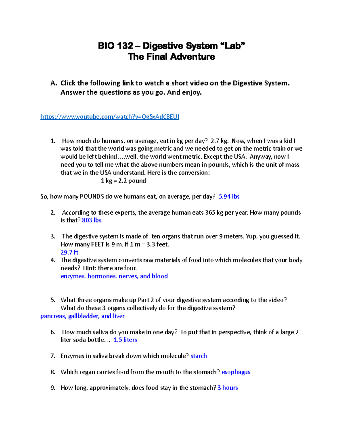 BIO 132 Digestive System Lab - BIO 132 – Digestive System “Lab” The ...