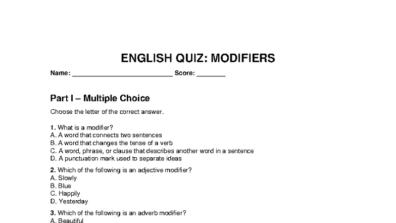 ENGLISH QUIZ: MODIFIERS REVIEWER - Studocu