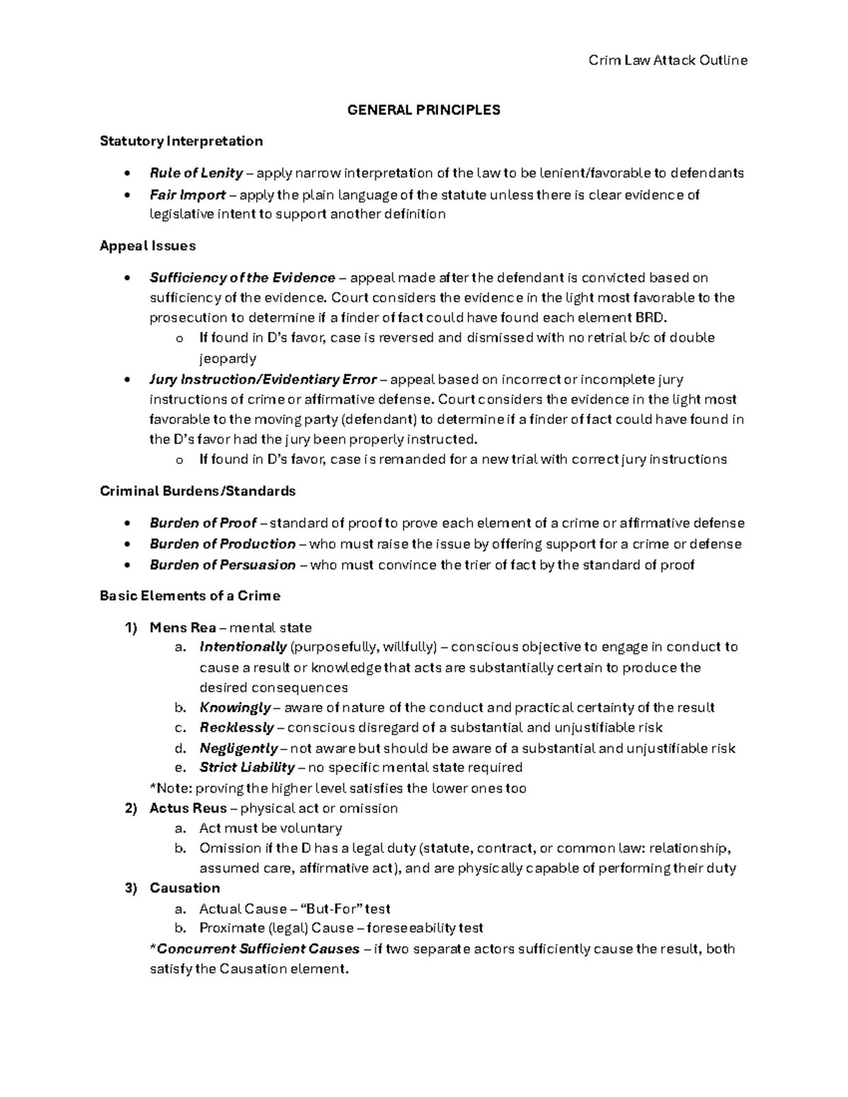 Crim Law Attack Outline - GENERAL PRINCIPLES Statutory Interpretation ...