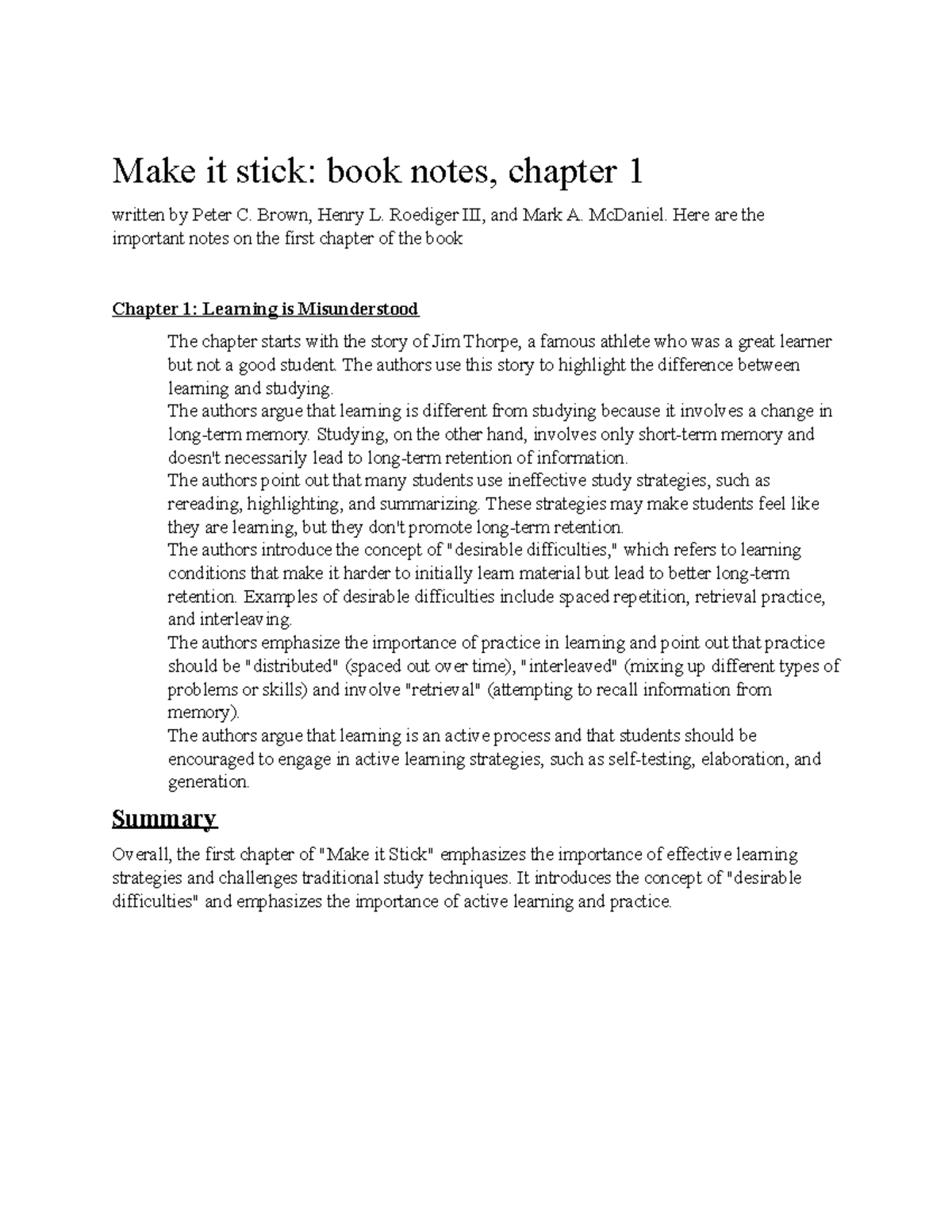 Make it stick - book notes, chapter 1 - Make it stick: book notes ...