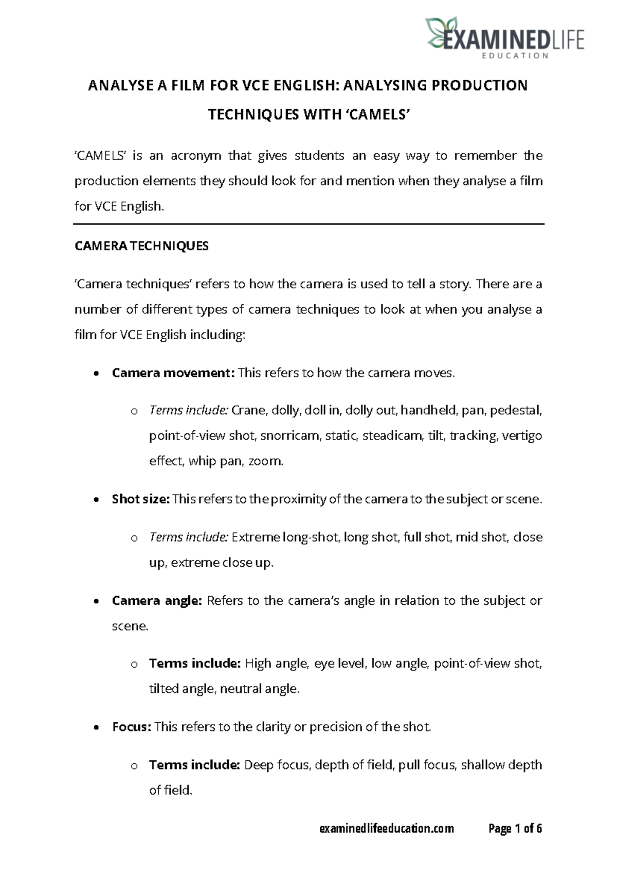 VCE ENG Film Analysis Techniques: CAMELS Explained - Studocu