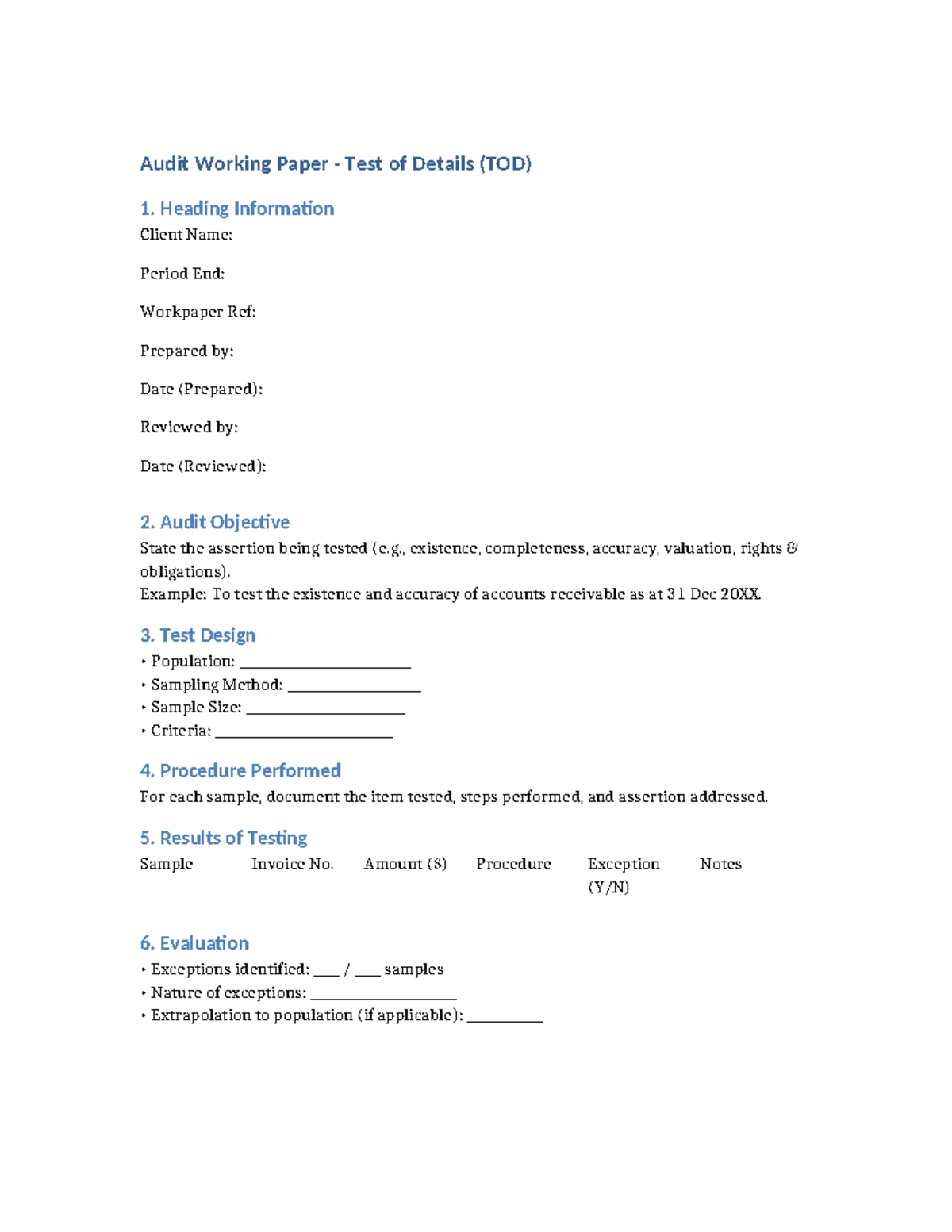 Audit Working Paper: Test of Details (TOD) Template - Studocu